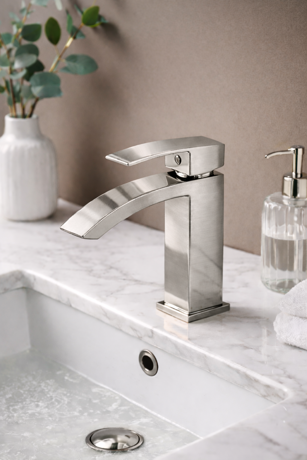 Single Handle Waterfall Bathroom Faucet – Brushed Nickel | MAX Faucets