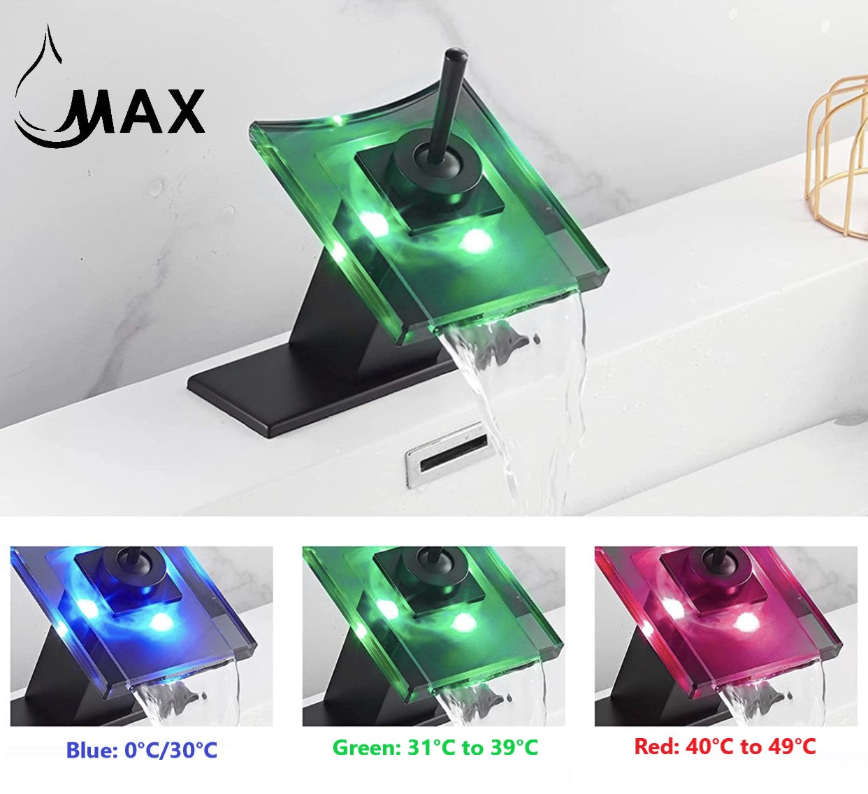 Waterfall Bathroom Faucet With LED Light Matte Black,Glass Finish | MAX ...